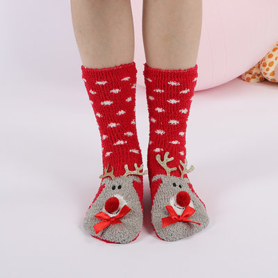 new arrival red comfortable socks polyester made cute deer floor fuzzy socks for female non skid socks