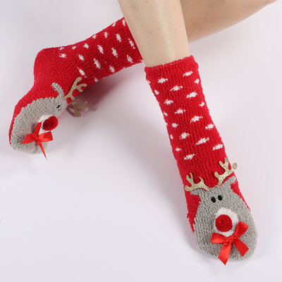 new arrival red comfortable socks polyester made cute deer floor fuzzy socks for female non skid socks