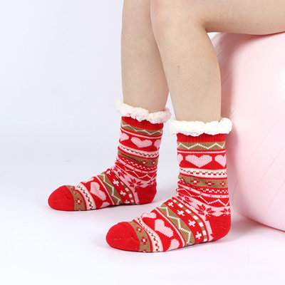 hot sales women winter fluffy faux fur socks ladies fashion pattern non-slip socks casual loving heart thick slipper socks