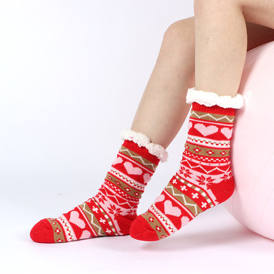 hot sales women winter fluffy faux fur socks ladies fashion pattern non-slip socks casual loving heart thick slipper socks