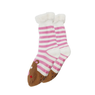 faux fur lined women winter house socks lovely pink stripe cute bear warm indoor socks
