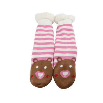 faux fur lined women winter house socks lovely pink stripe cute bear warm indoor socks