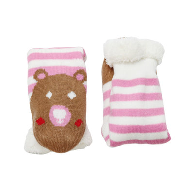 faux fur lined women winter house socks lovely pink stripe cute bear warm indoor socks