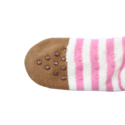 faux fur lined women winter house socks lovely pink stripe cute bear warm indoor socks