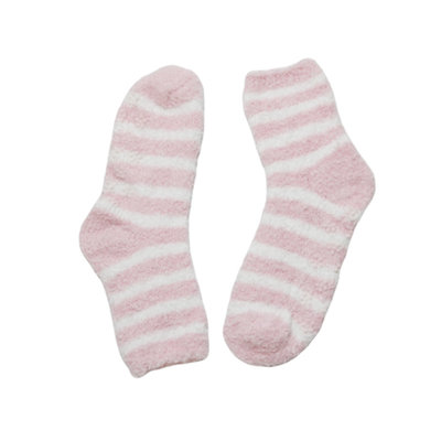Polyester Ladies Slipper Socks  Pink White Stripes Indoor  Fluffy Warm