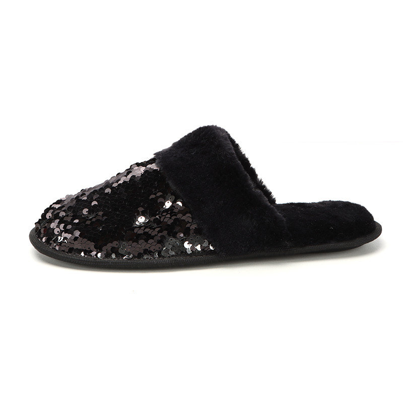 pink lovely sequin warm slippers women soft faux fur lining indoor slippers