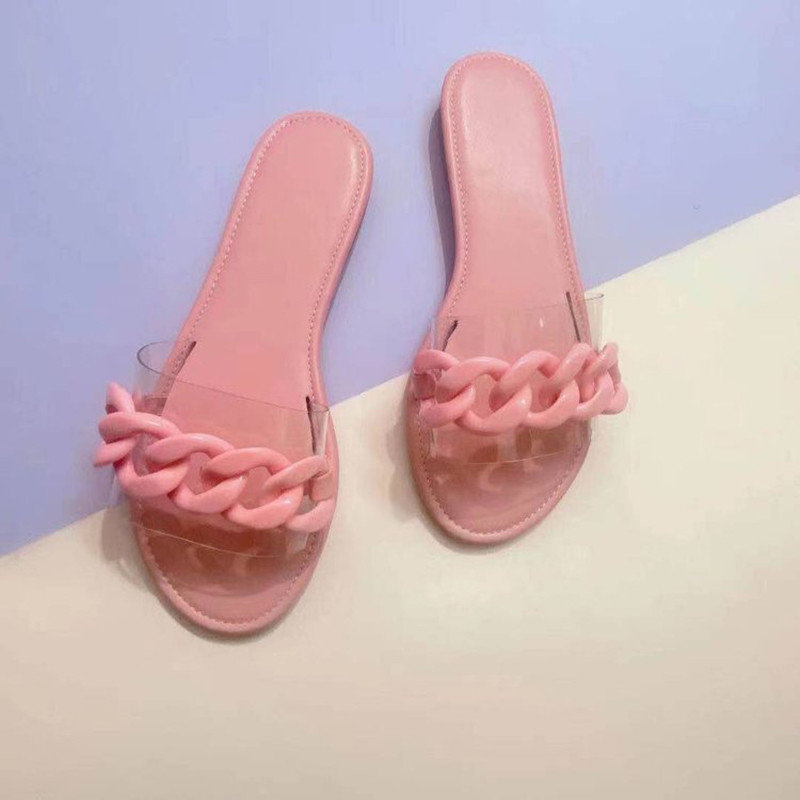 Fashion Summer Women Sandals Clear upper colorful chain decoration Jelly Shoes Ladies Flat Beach light slippers