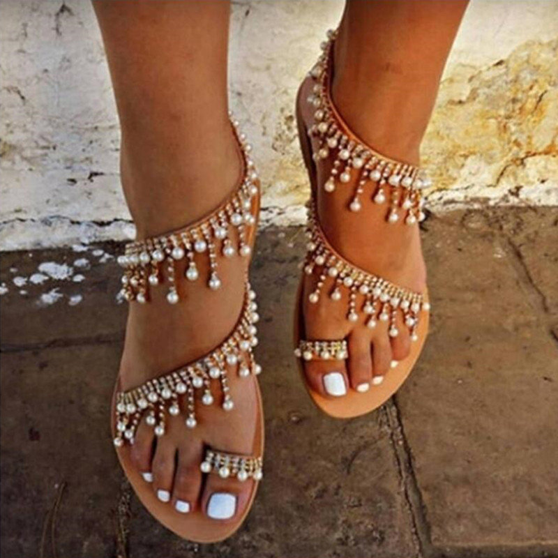 New design summer pearl upper Roman style flip flops fashion ladies slippers beach casual shoes for women flat sandals