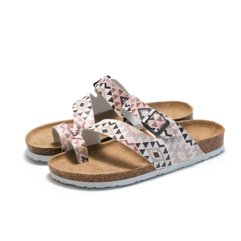 Summer women geometry pattern cork flat sandals beach ladies shoes casual slides outdoor Flip-Flops Slippers