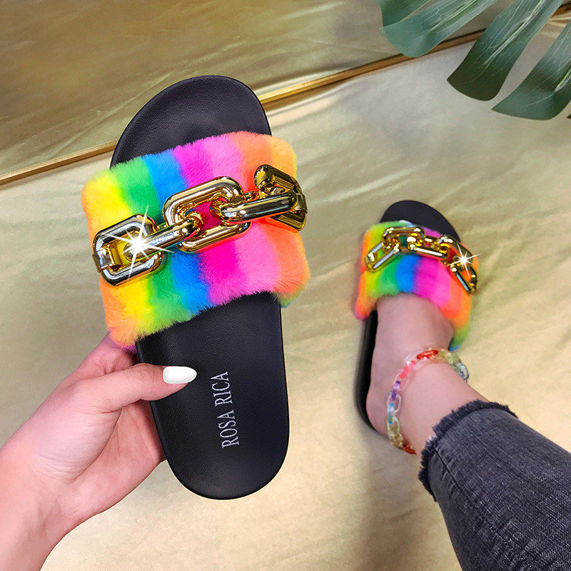 Summer sandals women hot selling indoor and outdoor shoes Rainbow Plush Chain thick sole slide slippers wholesale