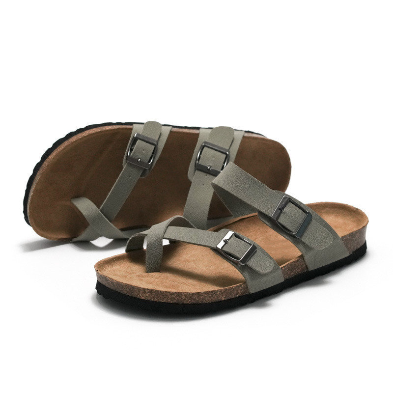 Women's customized printing solid color cork insoles slide beach sandal adjustable buckle double strap flat summer women slipper