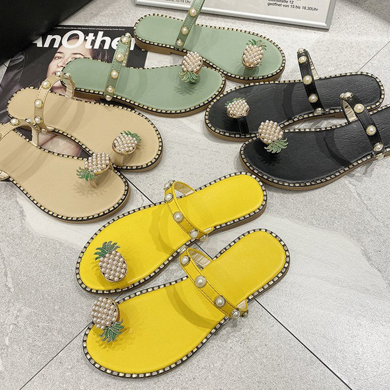 Wholesale Flat Casual Beach Shoes Ladies soft sole fashion Pineapple Pearl Sandals for women with High quality
