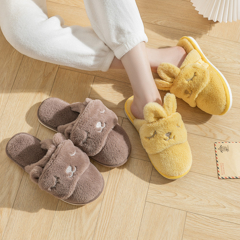 Cute Women Home Indoor Couple Style Thick Bottom Anti-Slip Autumn Winter Plush Warm lining shoes female fur slippers