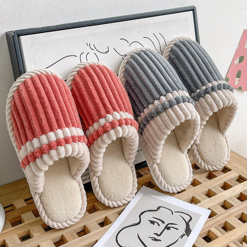 Autumn winter new design striped color warm slippers female home couple delicate plush non-slip bedroom shoes in stock