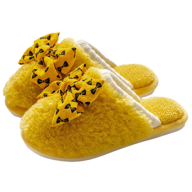 Fashion Bow Plush Slippers Women Winter Warm Thick Bottom Anti-Slip Soft Bottom Couple Style House Indoor Men
