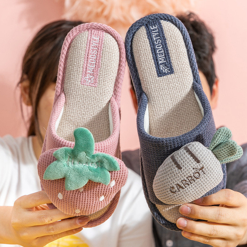 Linen Fabric Slippers Women Autumn Winter Home Couple Cartoon Cute Fruit Indoor Non-Slip House Men Spring Summer