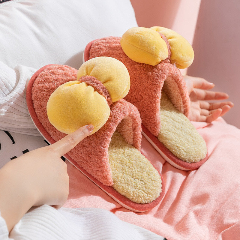 Women new design cartoon bow home shoes autumn winter factory price breathable fabric slippers in stock