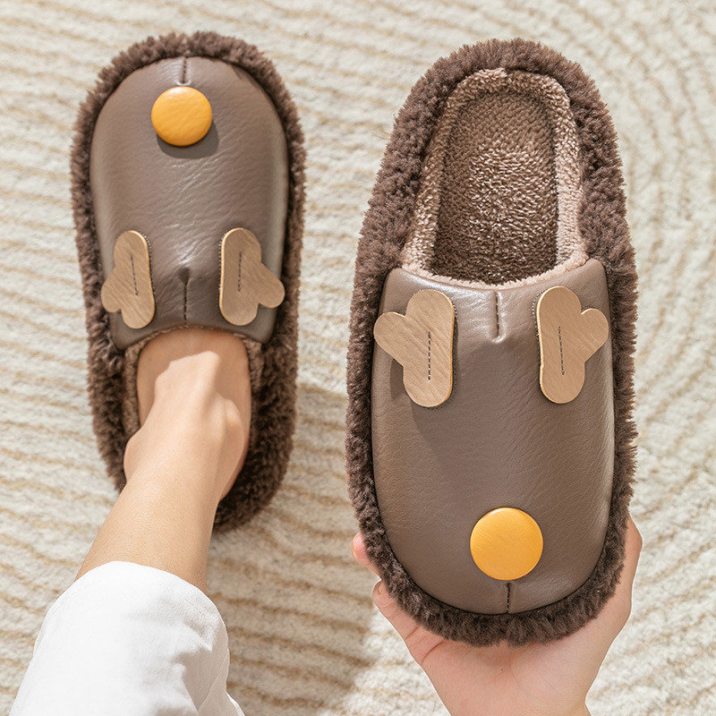 Women autumn winter 2021 new design waterproof PU vamp household shoes warm delicate plush lining couple slippers