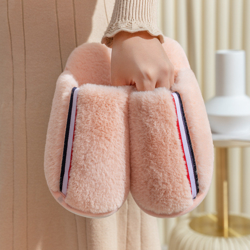 Winter 2021 new fashion stripe patterns slippers warm soft plush thick-soled home indoor shoes women