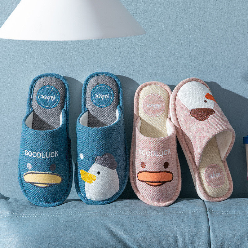 New Design Cartoon Cute Goodluck Duck Home Indoor Slippers Women Linen Fabric Sweat-absorption Breathable Slipper