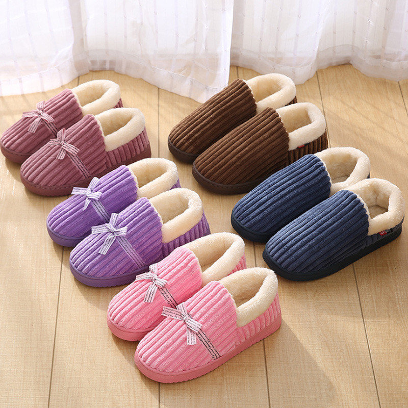 Custom New Design Corduroy Bowknot Slipper Women and Male Home Indoor Wrap Heel house lining shoes female fur slippers