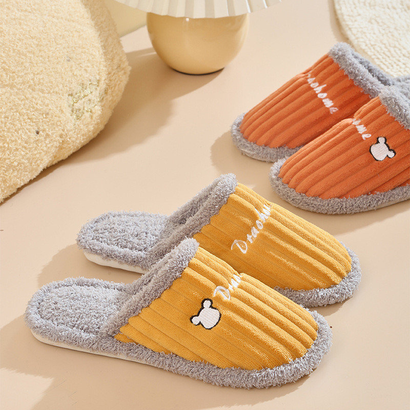 Couple winter embroidery Slippers Women Comfort velvetThermal Hard-Wearing Corduroy upper Home indoor Shoes