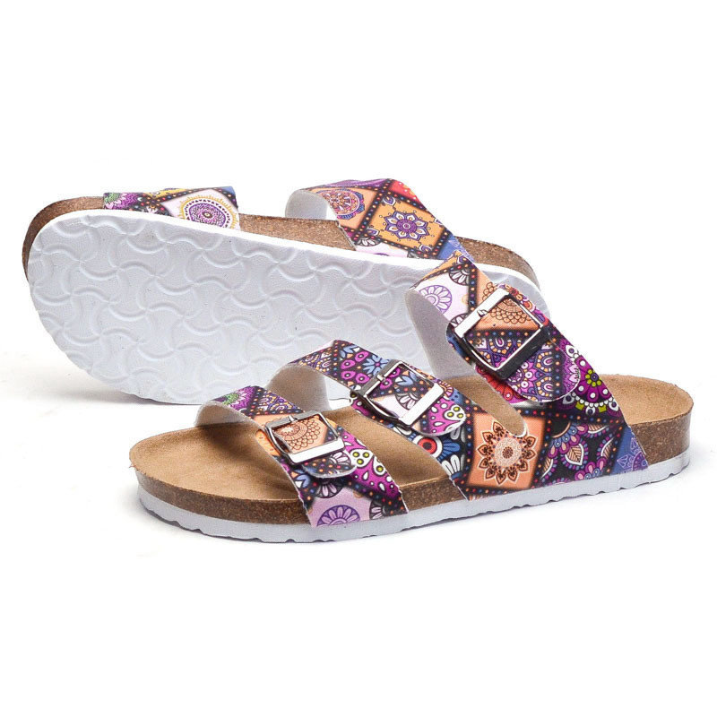 Women Slip-on open toe Flat sole Shoe couple beach Sandals Casual three Buckle printed Summer colorful  Cork Slippers