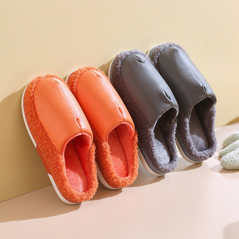 2021 New Design Simple PU leather Couple Slippers Winter Warm Waterproof Hard-Wearing Female Home indoor Shoes
