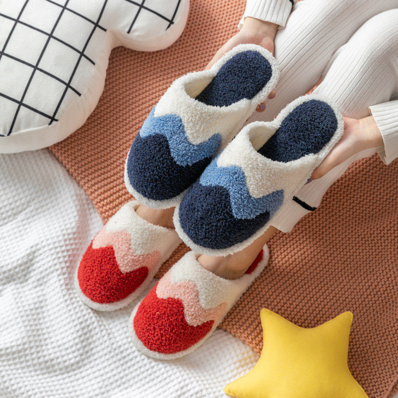 New design 2021 slippers women winter patchwork color thick soles comfortable slippers family couples warm non-slip house shoes
