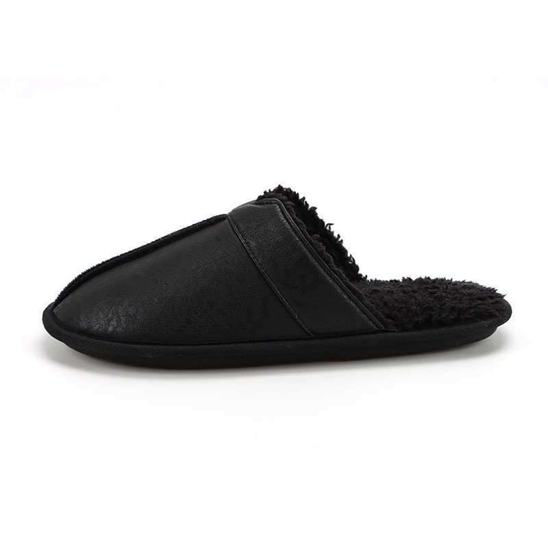 new design black PU fuzzy slipper warm soft plush winter house indoor slipper