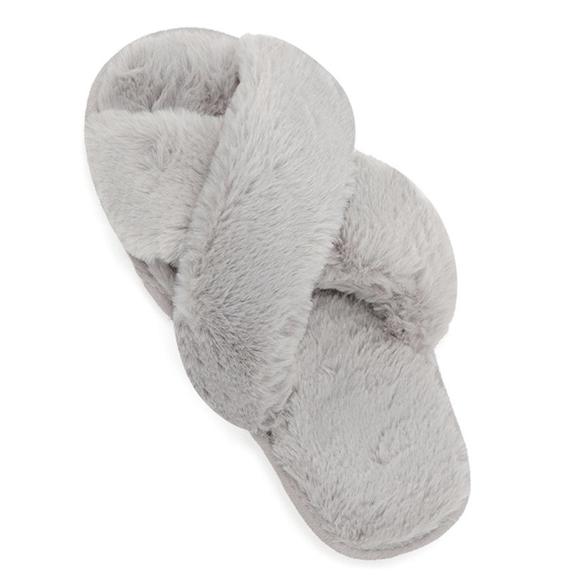 Women  solid color open toe home  slippers Warm Cross Soft Plush Furry Faux Fur house shoes slippers