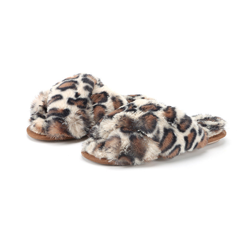 Women Winter  Plush Soft  home indoor Anti-slip Floor Bedroom Fashion Leopard Slippers open toe shoes