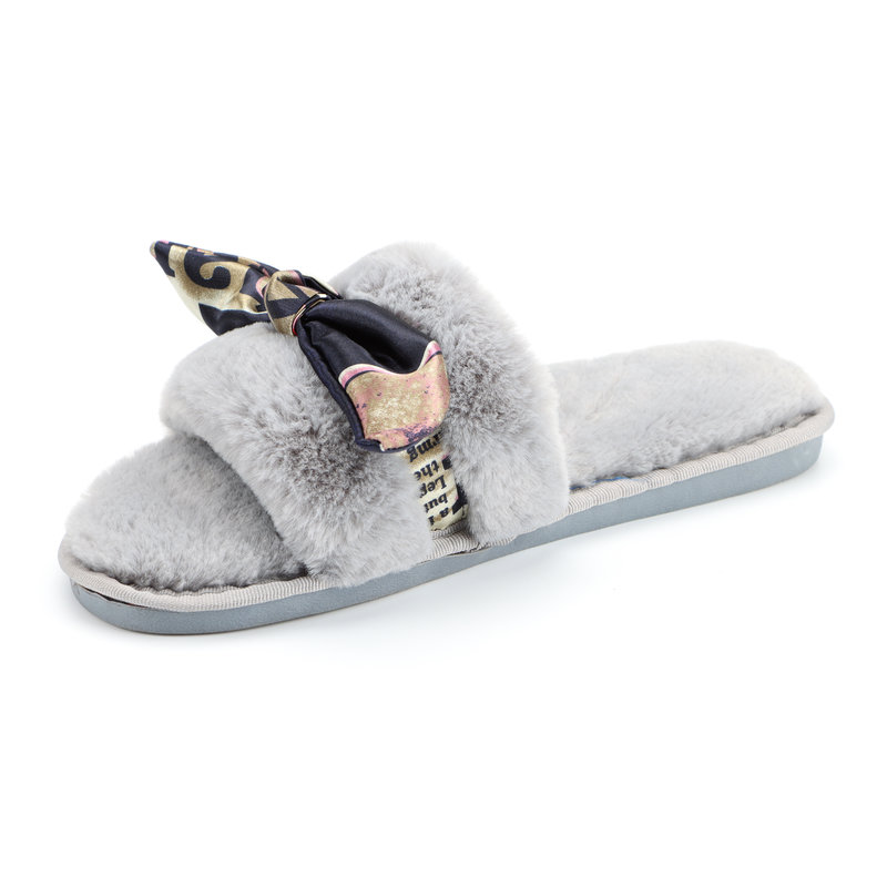 Fashion Women Faux Fur Slider Slippers Fluffy House Slide Scarf bow Winter Slippers Open Toe  shoes