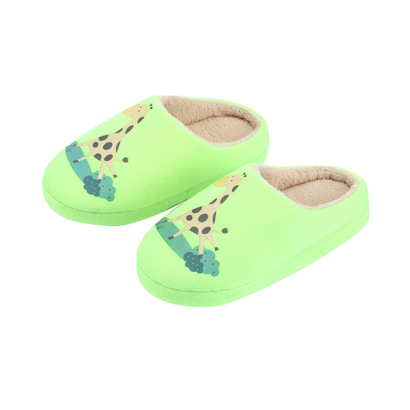 children kids cute giraffe printed design winter warm fluffy plush green house indoor slippers