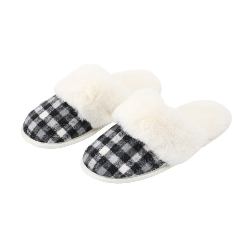Fluffy Faux Fur Women Slipper Shoes Winter Long Plush Grid Pattern
