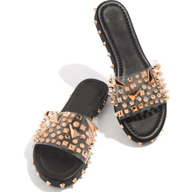 Wholesale Hot Sale Fashion Shiny PU Studded lady summer Sandals Flat Outdoor Slides Slippers Women's Casual Shoes