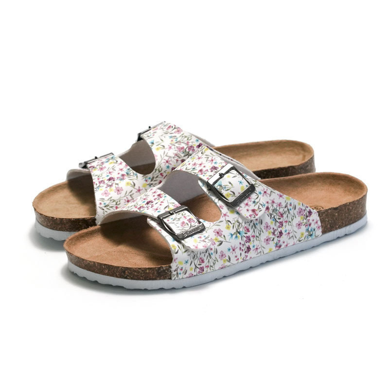 2021 summer women new double-button casual cork slippers with Flower pattern leather patchwork rubber white platform sandal