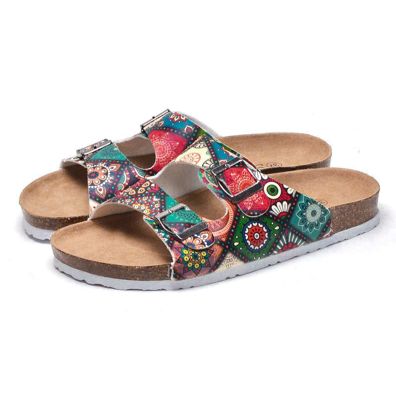Summer Ladies Stylish Ladies Sandals Thick Leather  Metal Double Button
