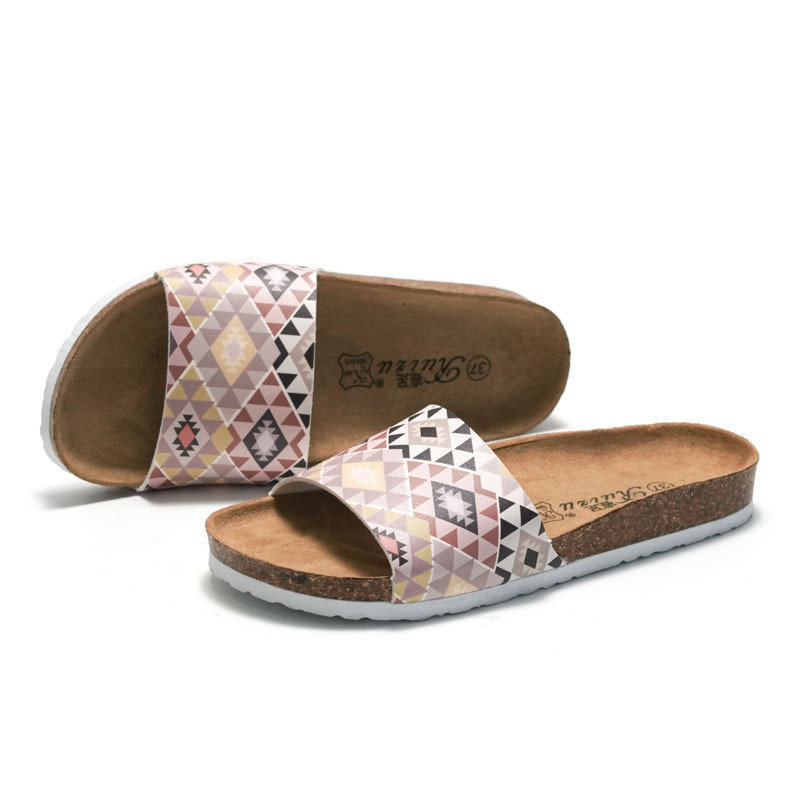Hot selling new fashion custom wholesale men PU upper cork foot bed slippers ladies printed open toe platform slide sandals