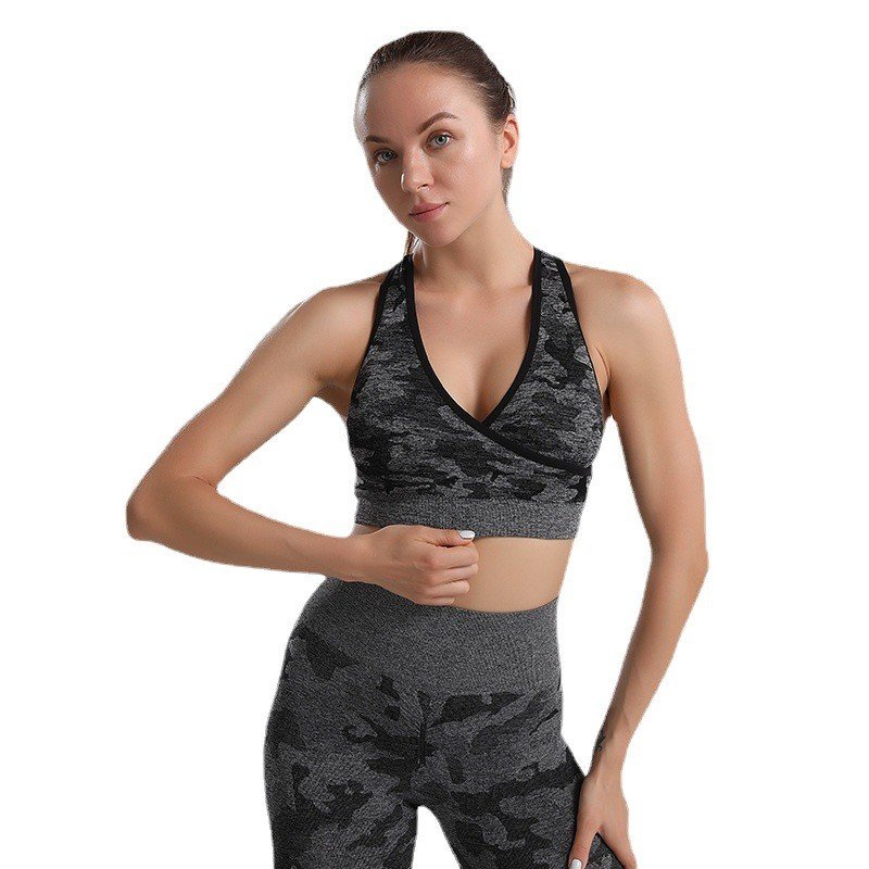 Factory Custom 3 Pcs Women Sports Wear Sets Camouflage Seamless Breathable Bra and long sleeve crop top and Legging yoga wear