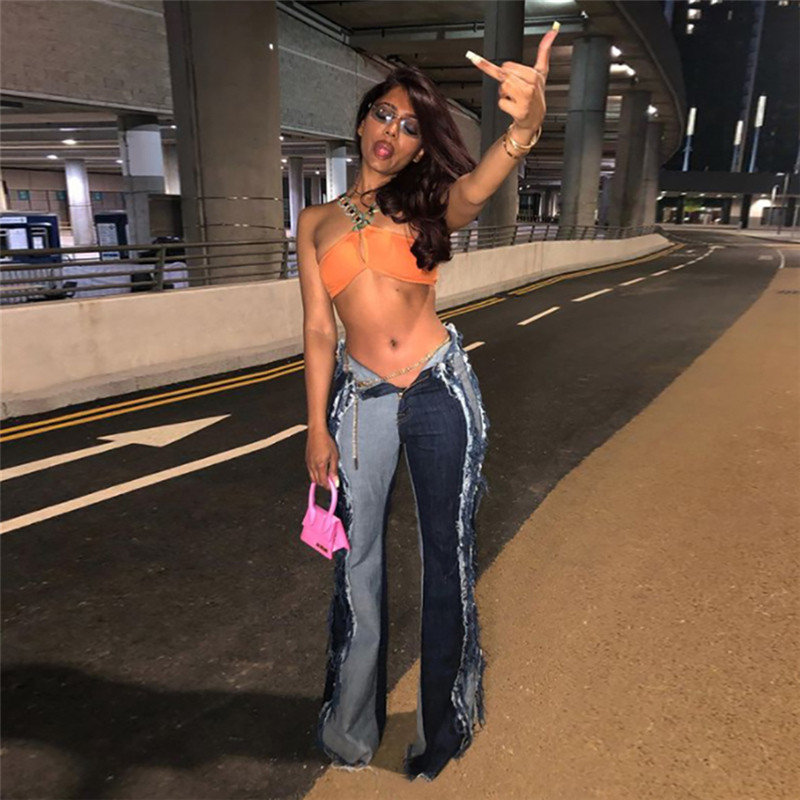 2021 Summer Women's New Fashion Contrast Color yoga pant Street Shooting Tasseled High Waist Casual Sports Denim Trousers