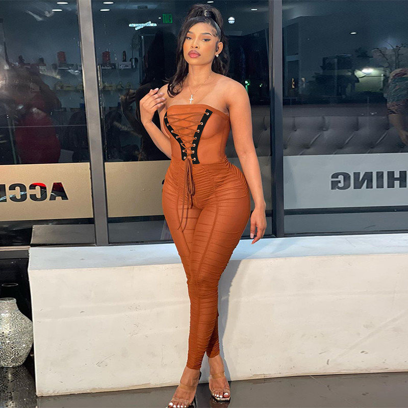 2021 summer women's new fashion sexy solid color low-necked gauze see-through streetwear high-waist tight bandage jumpsuit