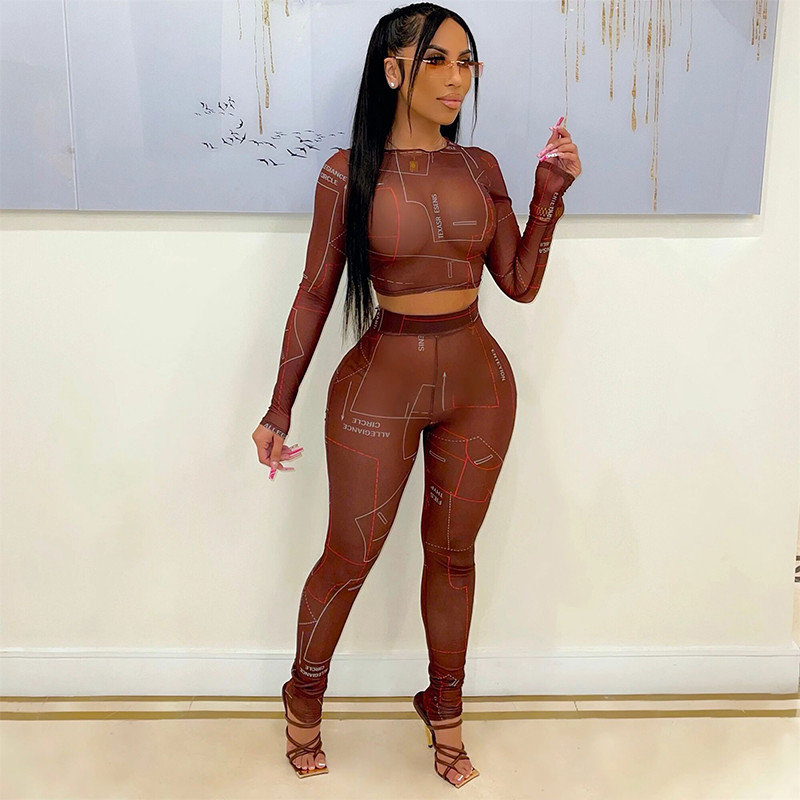 2021 Autumn women Long Sleeve sexy Print Mesh Crop top 2 Piece sport suit See Through tight sports sets leisure Tracksuit