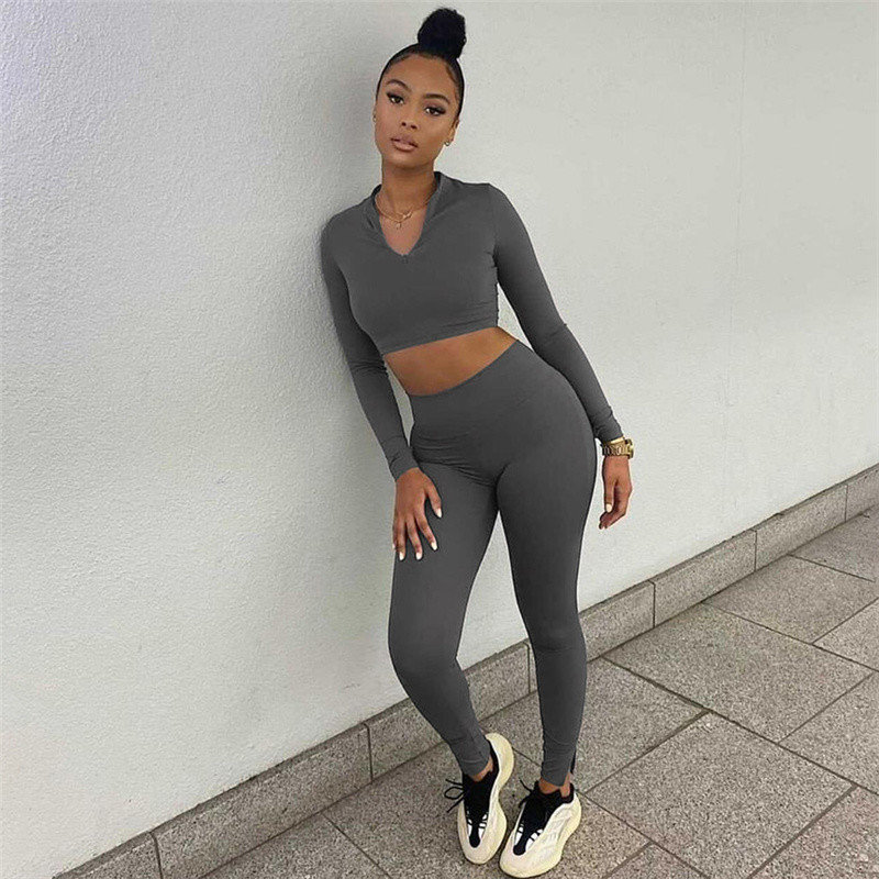Autumn women's new  solid color long sleeve Crop Top sportswear high waist and butt lift long trousers ladies sports suit