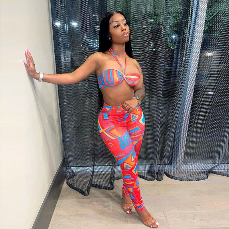 2021 new summer sexy halter tops 2 pieces women yoga set with long pant casual printed sportswear ladies workout fitness clothes