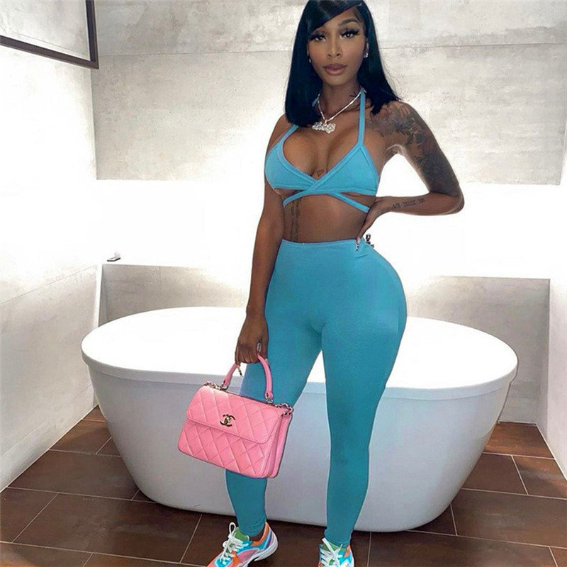 ladies new sexy low-cut halter vest hanging neck crop tops tight long pants leisure two-piece sportswear