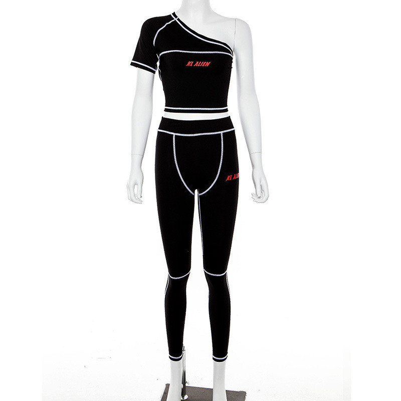 Spring Fashion Women One Off-the-Shoulder Single Sleeve Long Pants Slim  Fitness Yoga sportswear crop top
