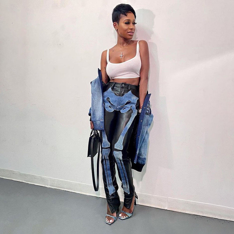 Wholesale Custom Women Fashion Street Shot PU Imitation Leather High Waist Tight Splicing Casual Jeans Pants
