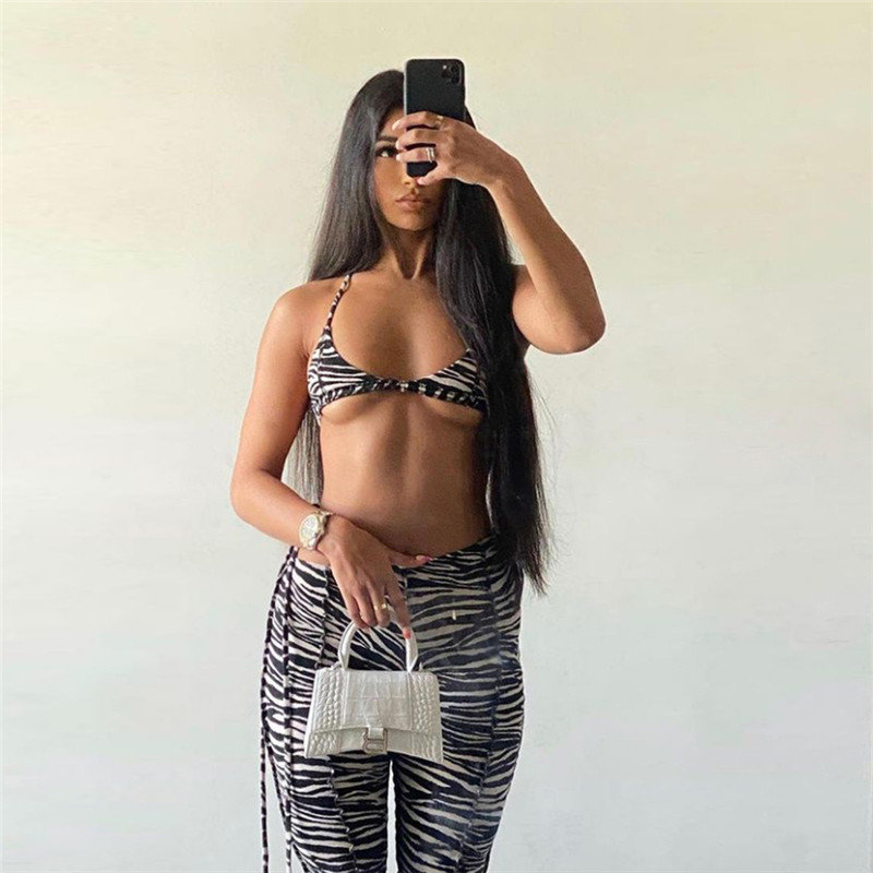 ladies new sexy zebra-stripe print yoga sets lace-up sleeveless tops furcal pants casual comfortable gym wear