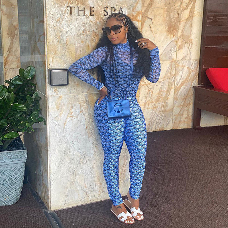 Night Club Women Bodycon two Pieces Blue Mesh Jumpsuit ladies Rompers Long Sleeves fitness Clothing in stock